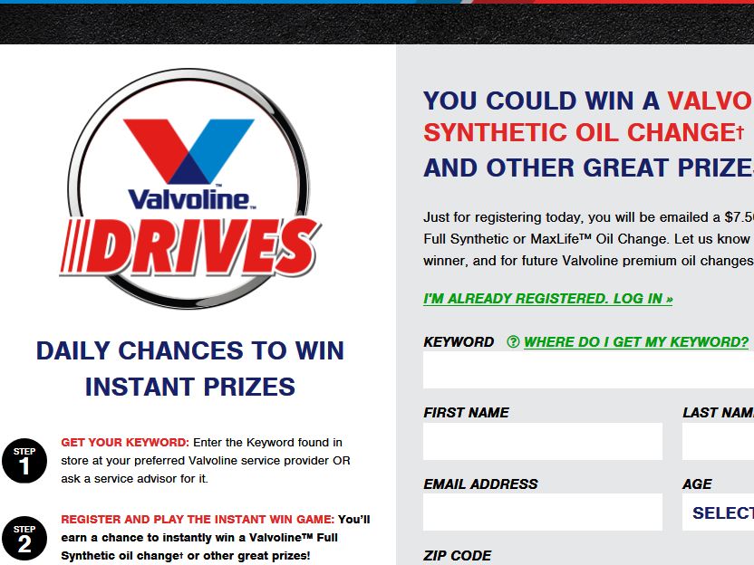 Valvoline Drives Instant Win Game (Code)